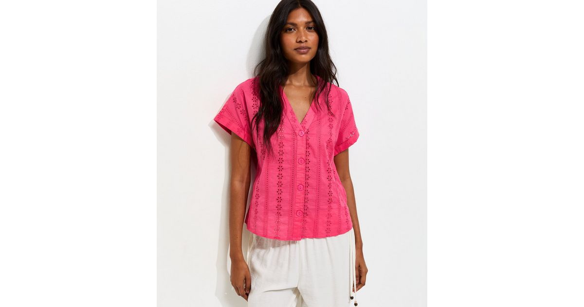 Pink Cotton Broderie Anglaise Button Through Top | New Look