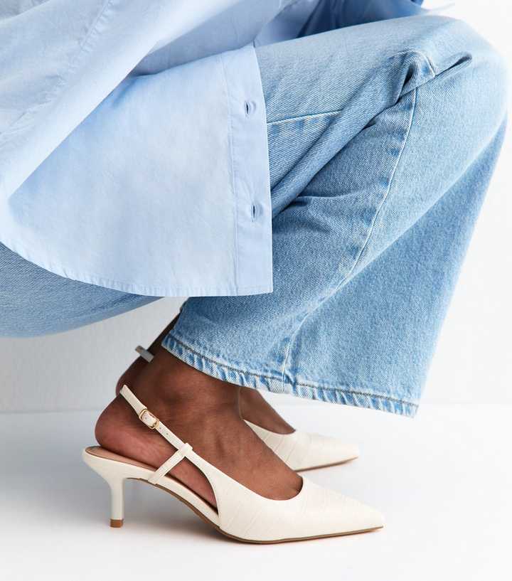 White Faux Leather Croc Embossed Slingback Court Shoes | New Look