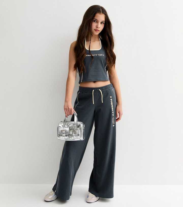 Girls Dark Grey Varsity Logo Wide Leg Joggers | New Look