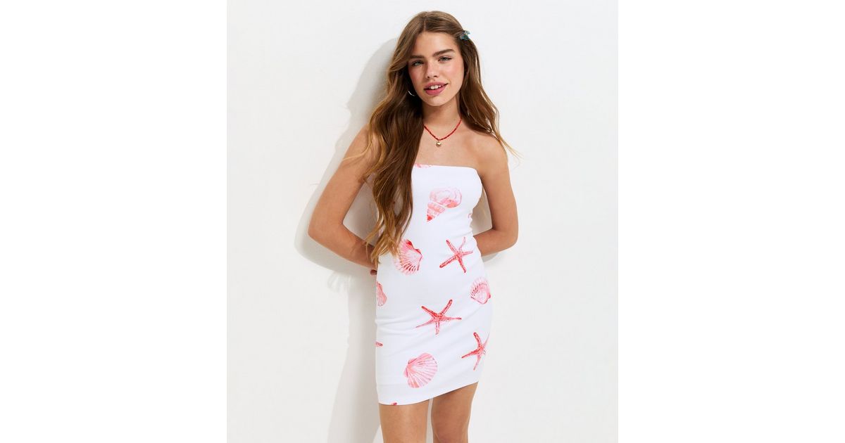 Girls White Cotton Rich Seaside Print Jersey Bandeau Mini Dress | New Look