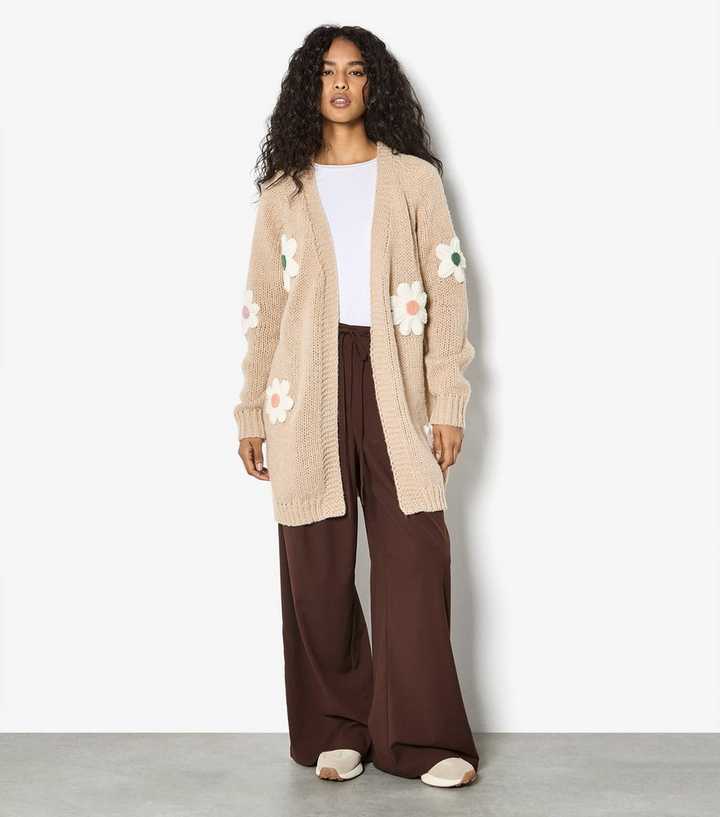 Apricot Stone 3D Daisy Embroidered Open Cardigan | New Look
