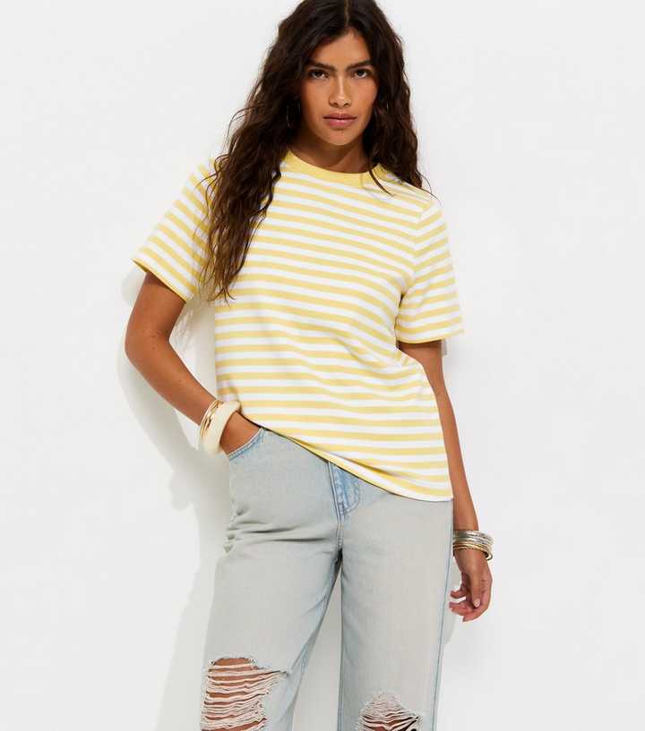Premium Light Yellow Cotton Striped Relaxed T-Shirt | New Look