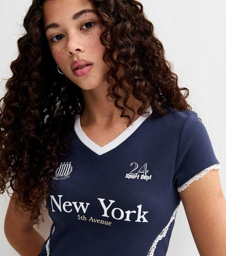 Girls Navy New York 24 Lace Fitted Football Top | New Look