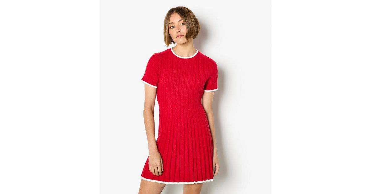 Apricot Bright Red Cable Knit Contrast Trim Mini Dress | New Look