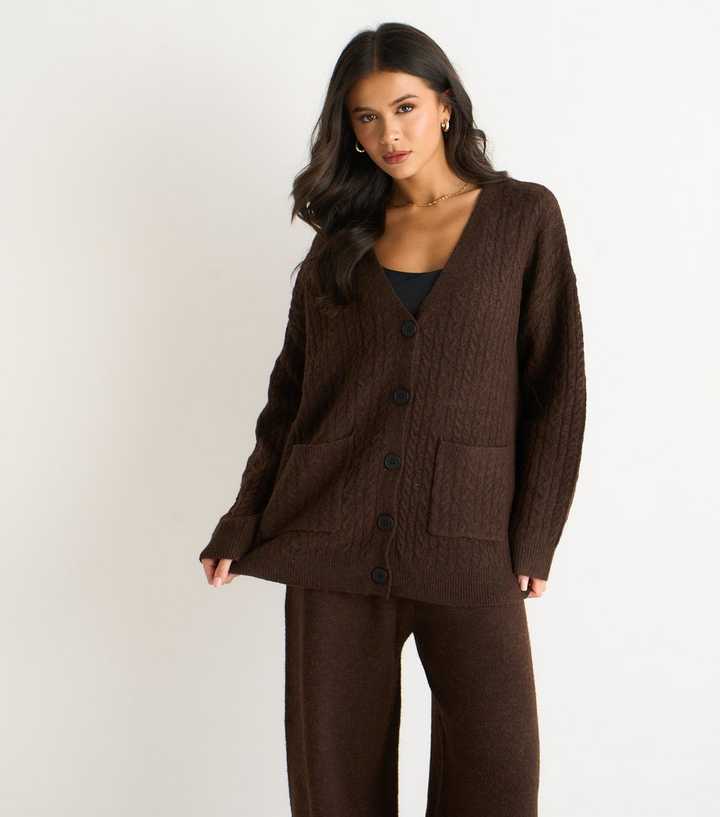 Gini London Dark Brown Cable Knit Cardigan | New Look