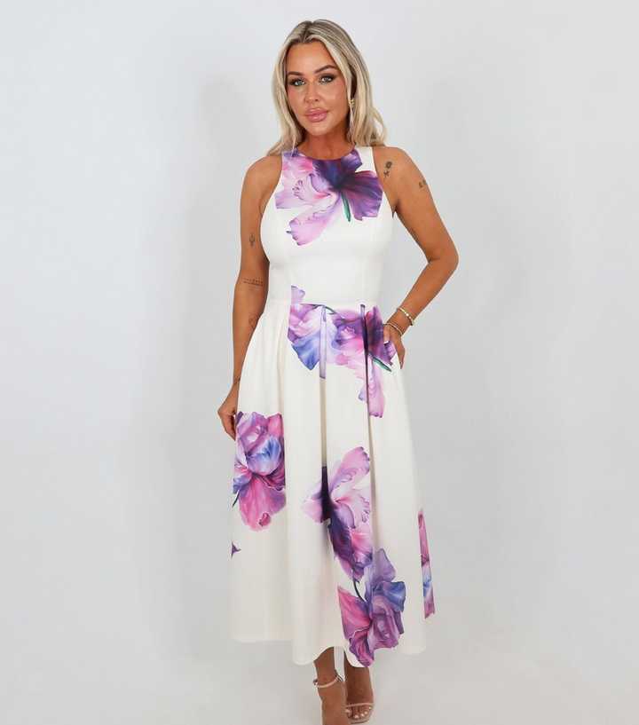 AX Paris Lilac Floral Print Racer Pleated Midi Dress | New Look