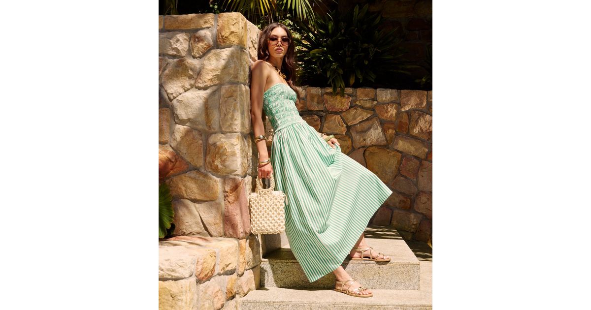 Green Striped Shirred Bandeau Dress | New Look