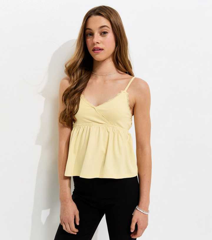 Girls Light Yellow Cotton Rich Lace Trim Triangle Cami Top | New Look