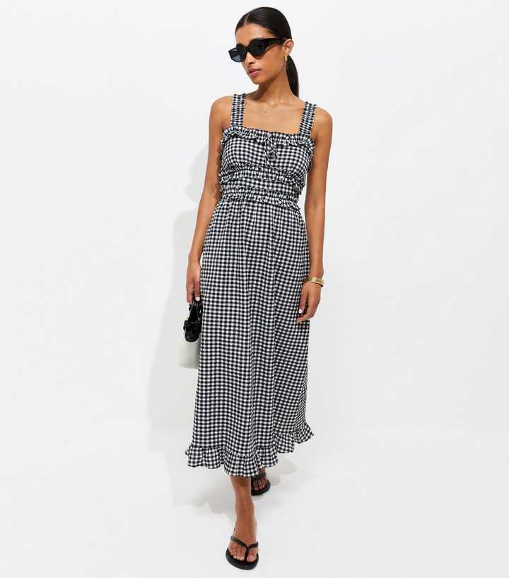 Black Crinkle Texture Frill Trim Gingham Midi Dress | New Look
