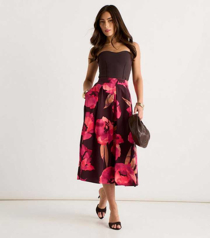 Gini London Brown Floral Pleated Midi Skirt | New Look