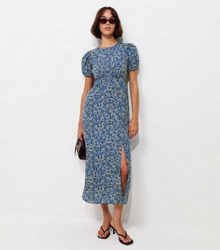 Blue Ditsy Floral Puff Sleeve Split Midi Dress | New Look