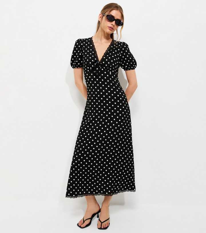 Black Polka Dot Lave Trim Short Sleeve Midi Dress | New Look