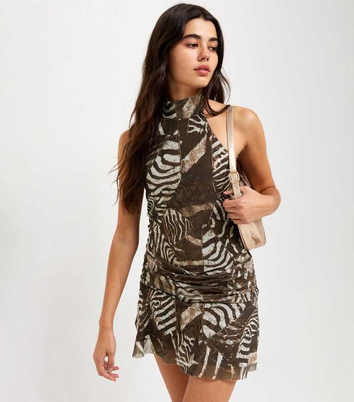Brown Mesh Animal Print Ruched Halterneck Mini Dress | New Look