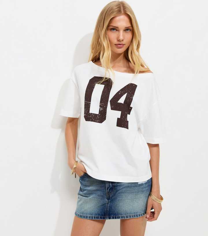 White Cotton 04 Logo Off The Shoulder T-Shirt | New Look